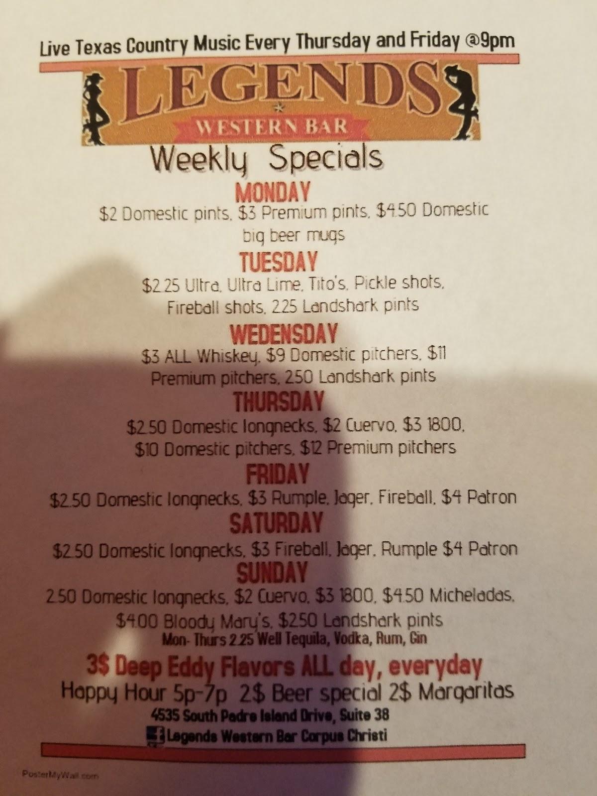 Menu at Legends Western Bar, Corpus Christi