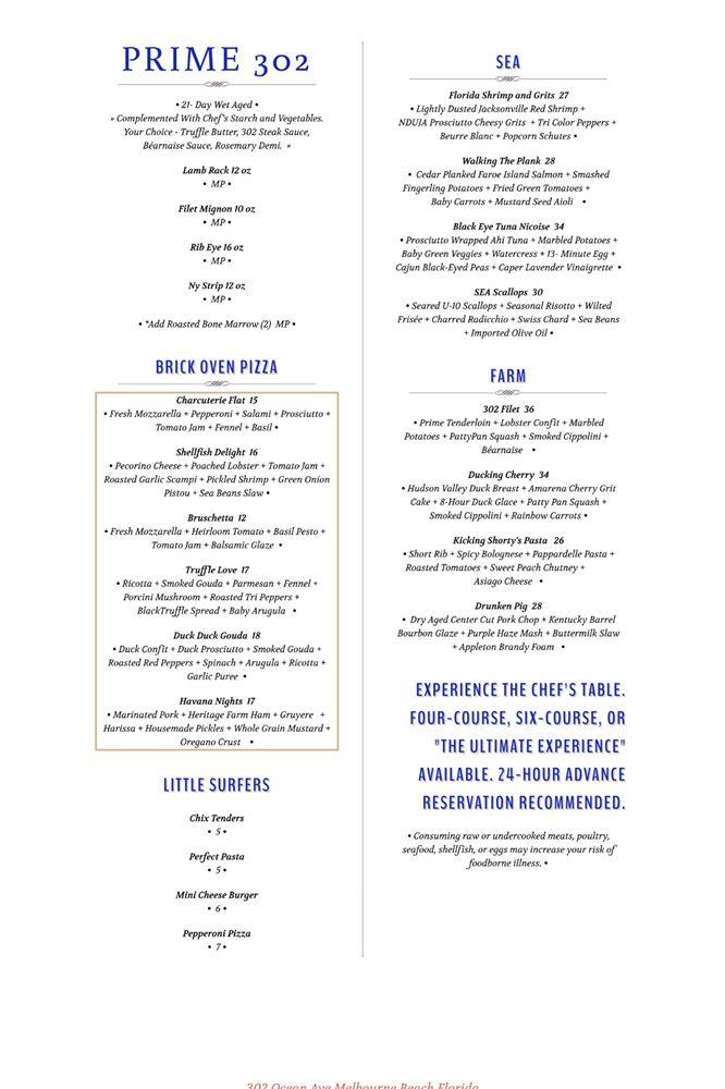 Menu at Ocean 302 steakhouse, Melbourne Beach