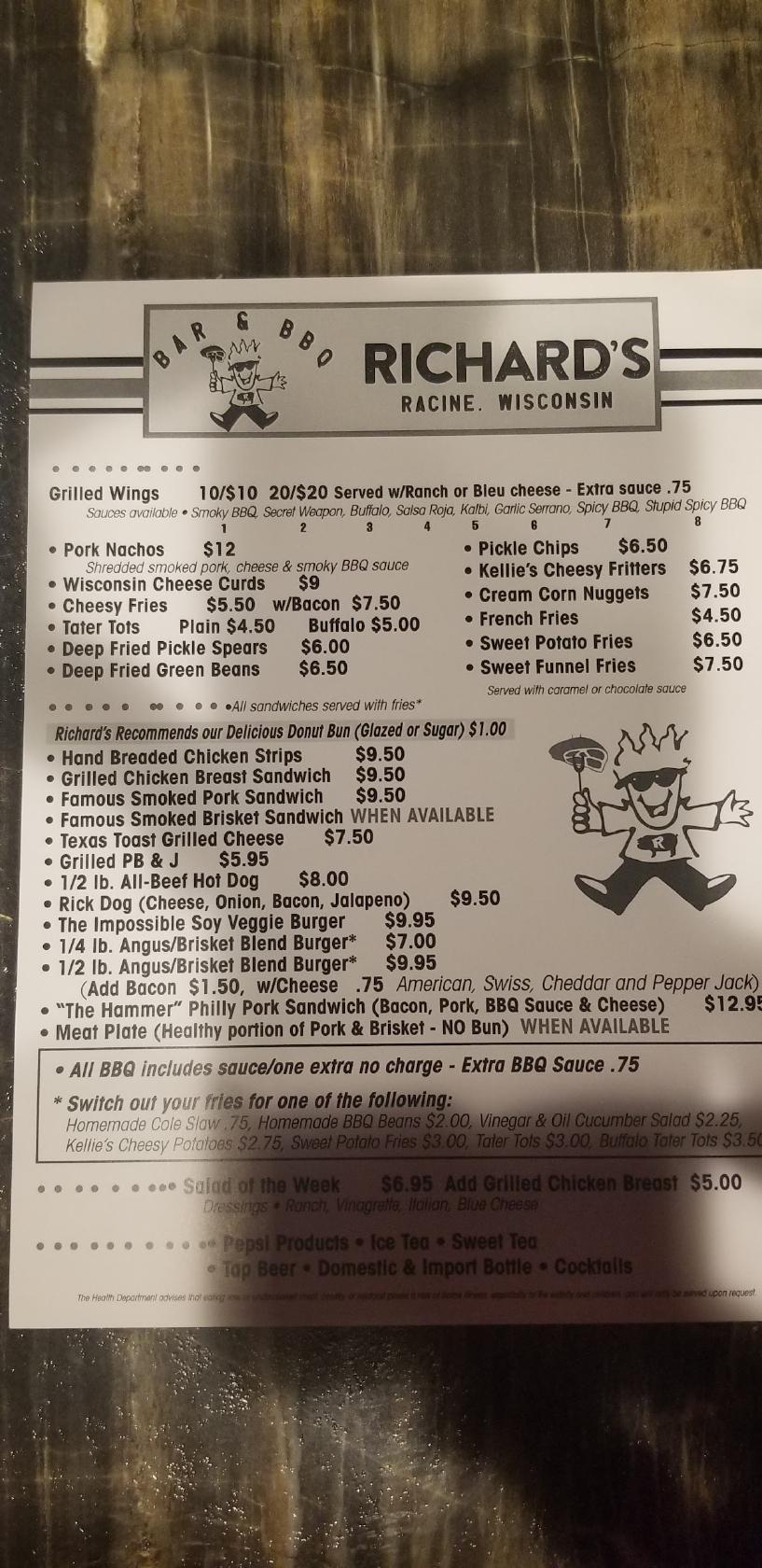 Menu at Richard’s Bar & BBQ, Racine