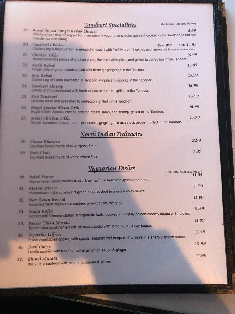 Menu at Royal Indian Restaurant, Indianapolis