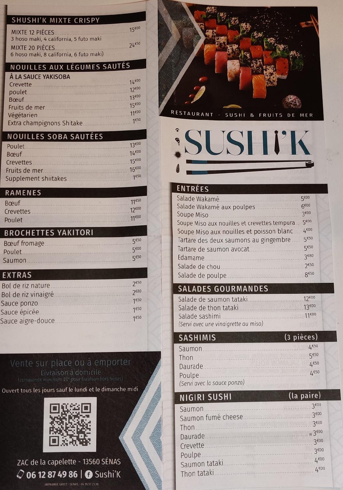 Menu at Sushi'K restaurant, Sénas