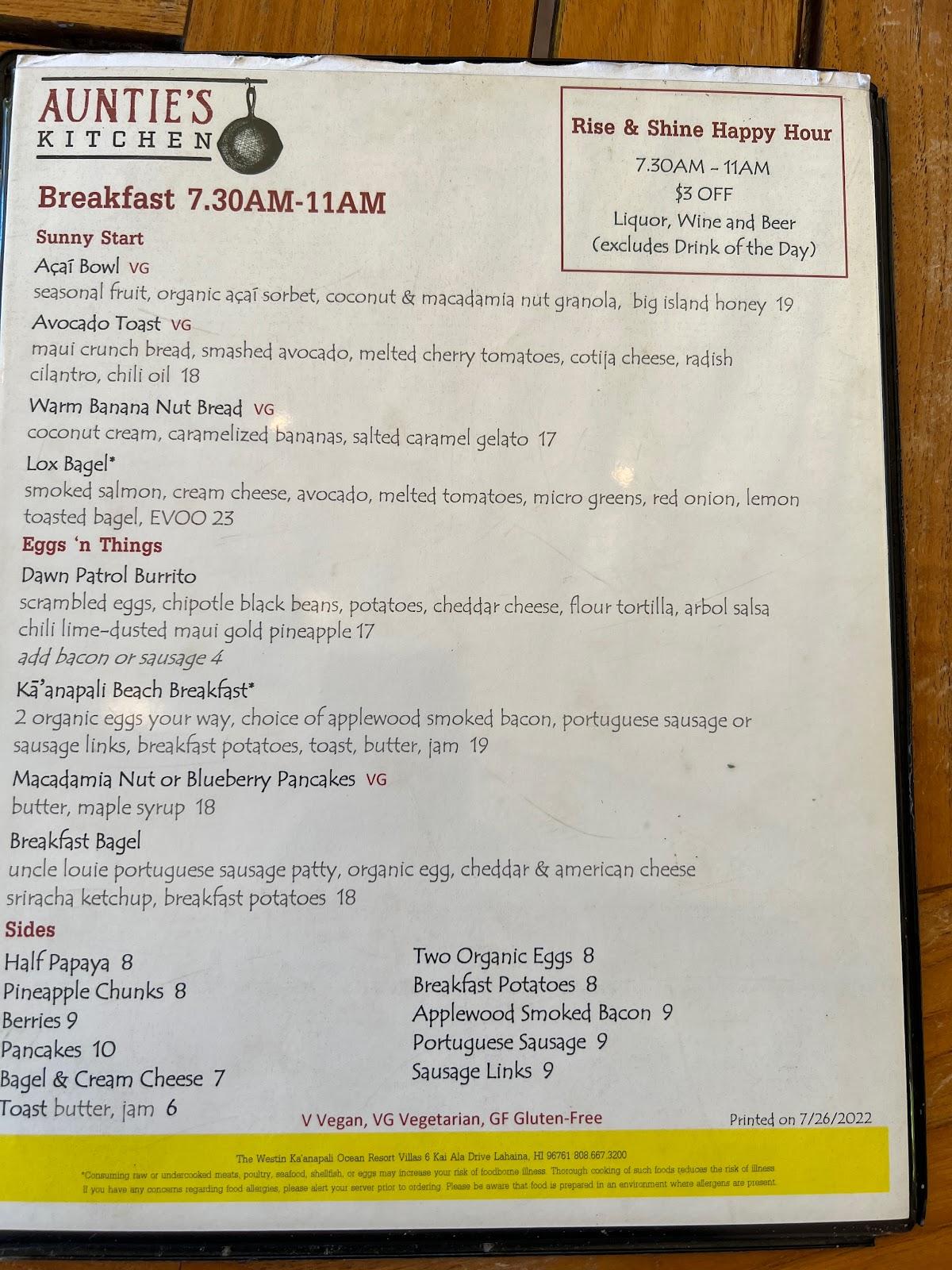 Menu at Auntie's Kitchen pub & bar, Lahaina, 6 Kai Ala Dr