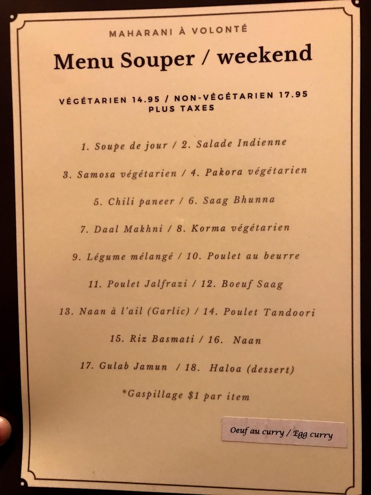 Menu at Buffet Maharani restaurant, Montréal, 808 Rue Jean-Talon O