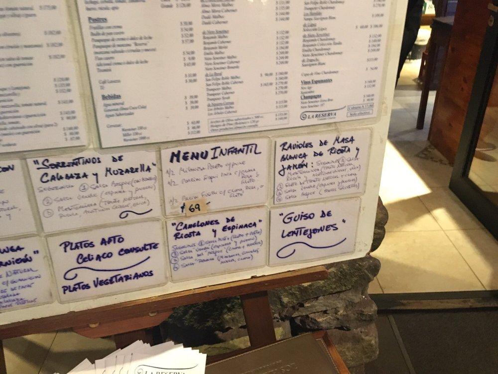 Menu at La Reserva cafeteria, Cariló