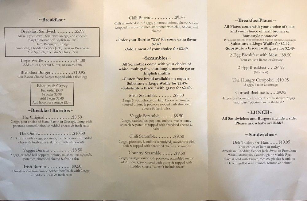 Menu at Outlaw Coffee Company cafe, Verdi, Old highway 40 East