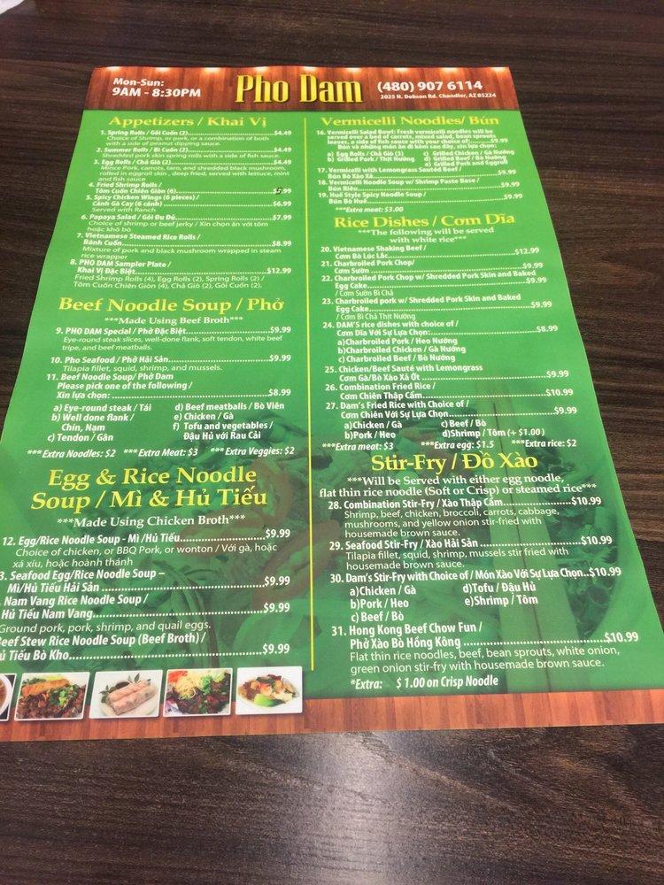 Menu at Pho Dam restaurant, Chandler