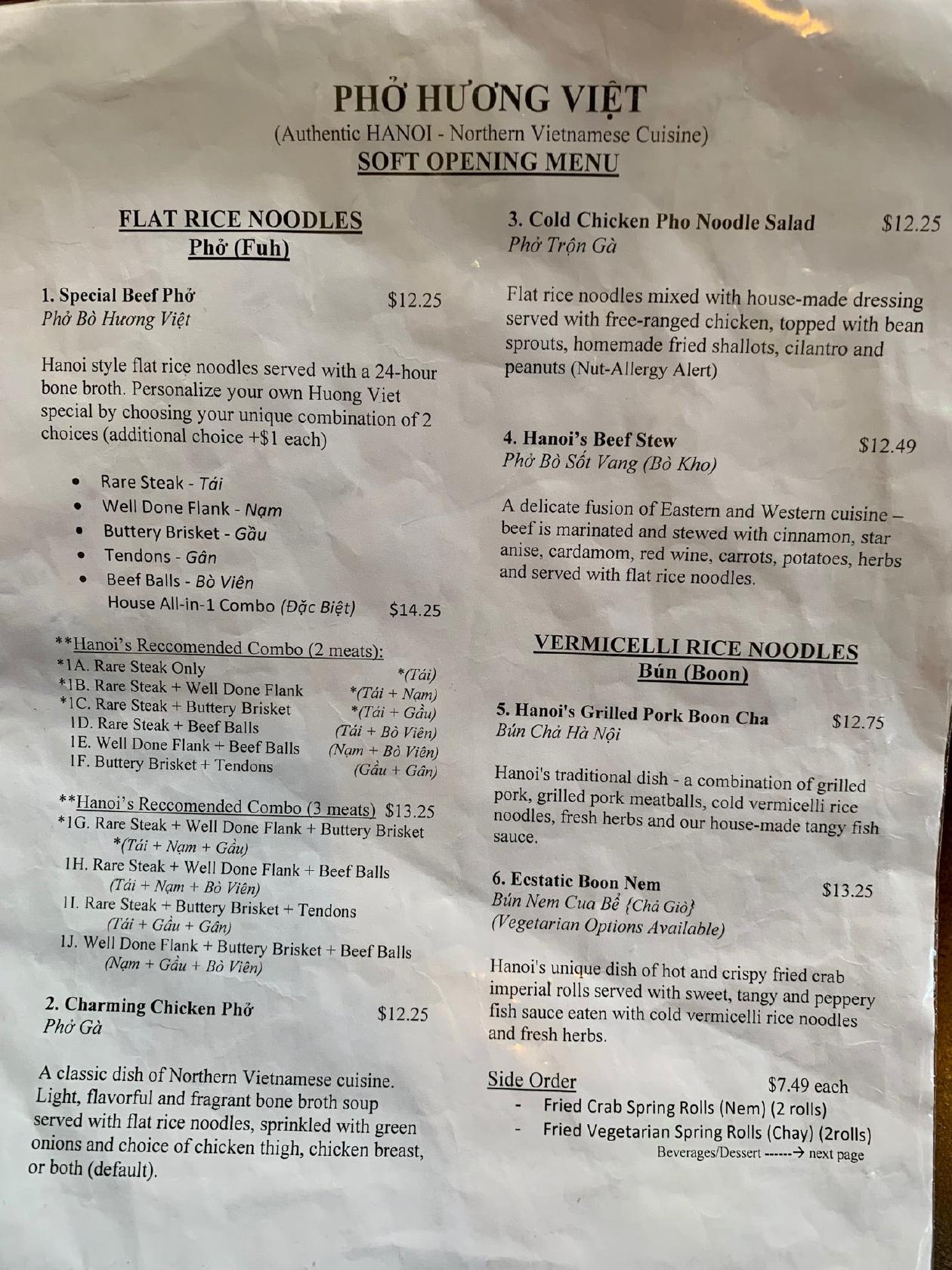 Menu at Pho Huong Viet restaurant, San Francisco