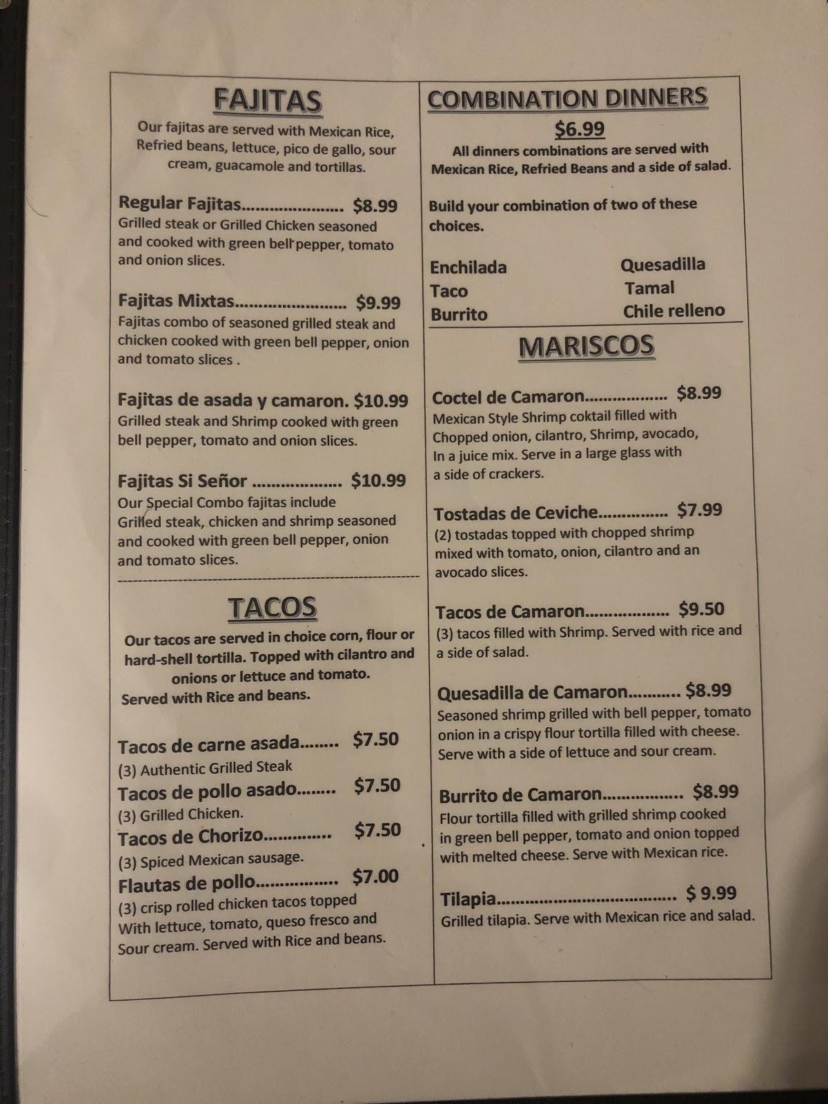 Menu at Si Señor Authentic Mexican Restaurant, Kentland