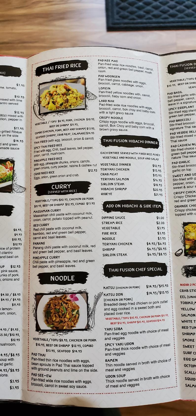 Menu at Thai Fusion restaurant, Mobile