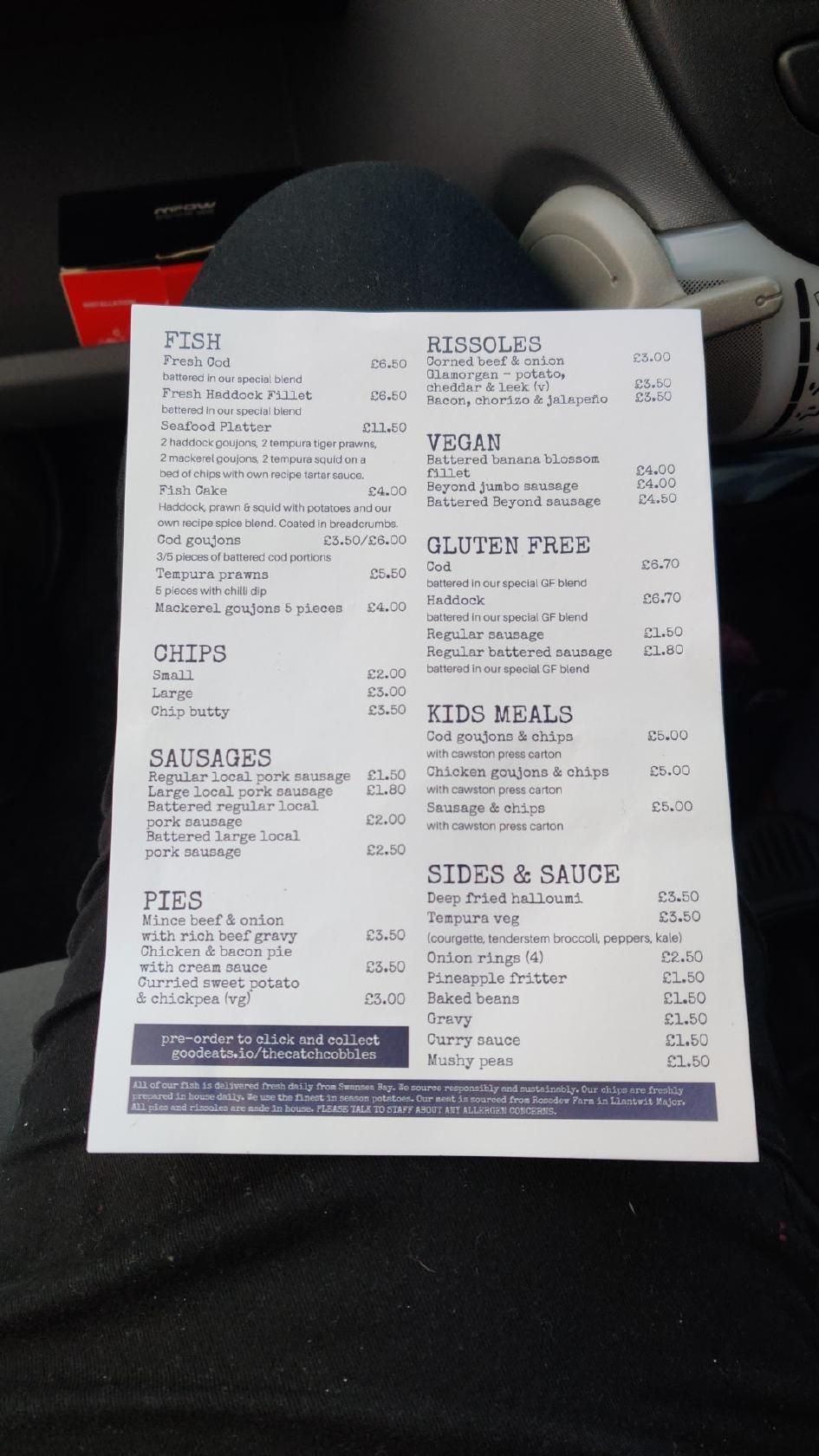 Menu at The Catch at Cobbles restaurant, Bridgend