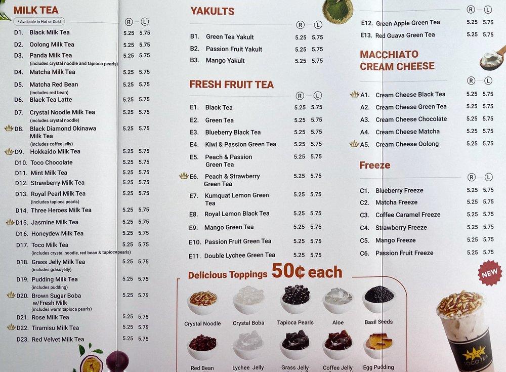 Menu au Toco Tea, Vaughan