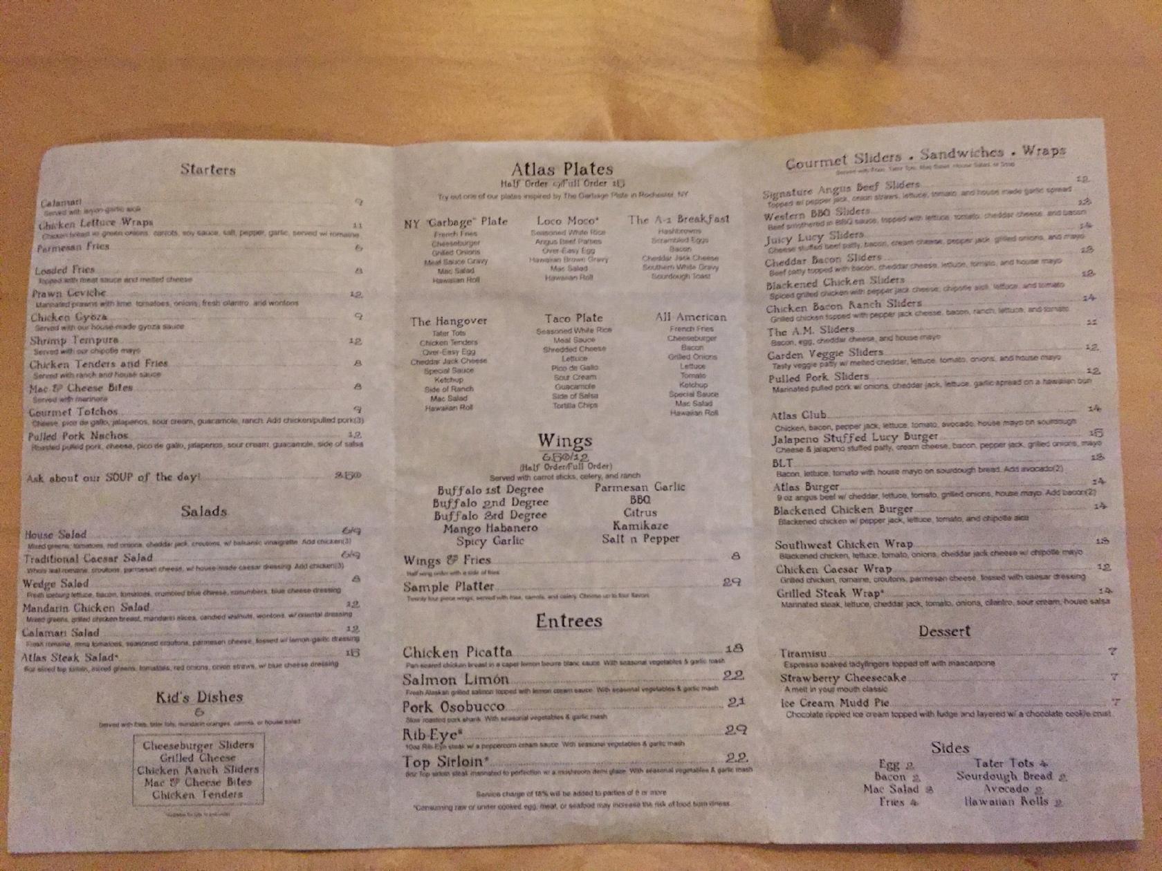 Menu at Atlas Sports & Spirits pub & bar, Seattle