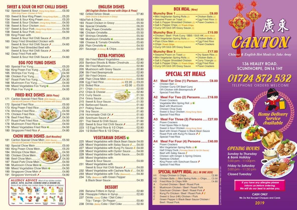 Menu at Canton Chinese Take Away restaurant, Scunthorpe