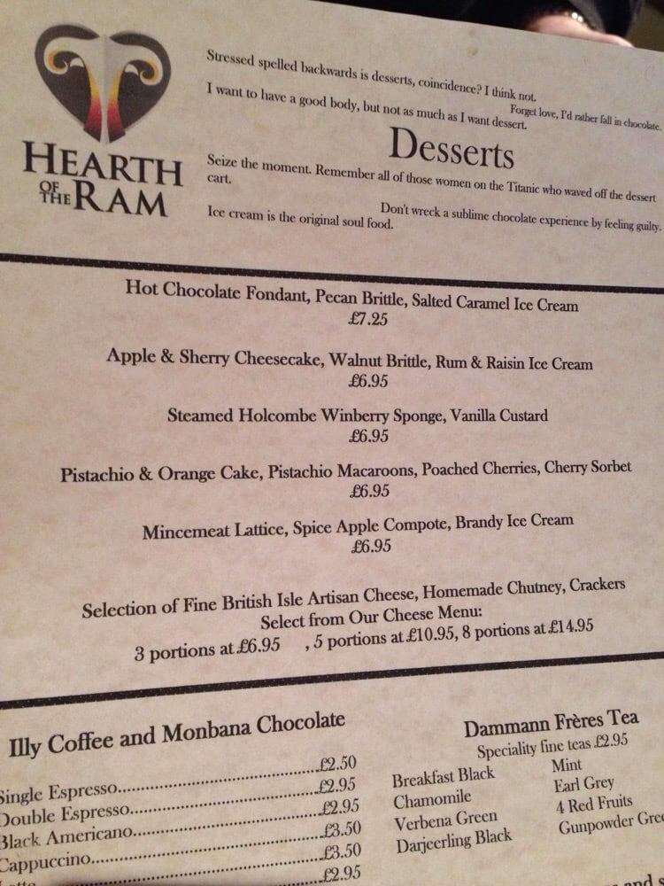 Menu at Hearth of the Ram restaurant, Ramsbottom, 13 Peel Brow