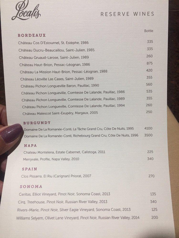 Menu at Localis restaurant, Sacramento