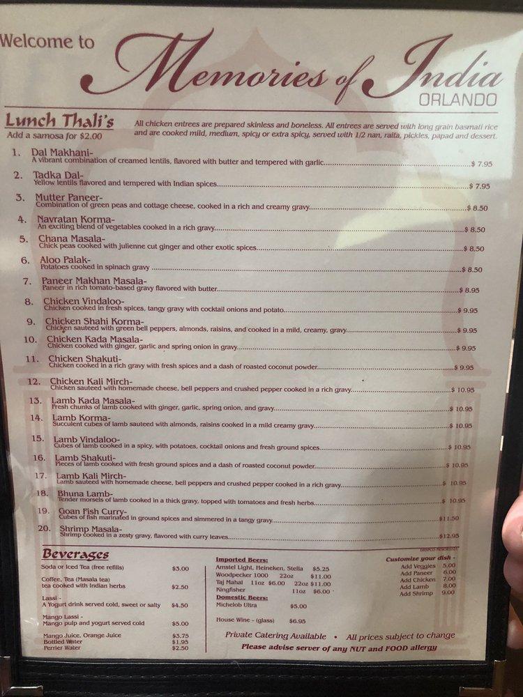 Carta del restaurante Memories of India - Orlando, Orlando, S Apopka ...