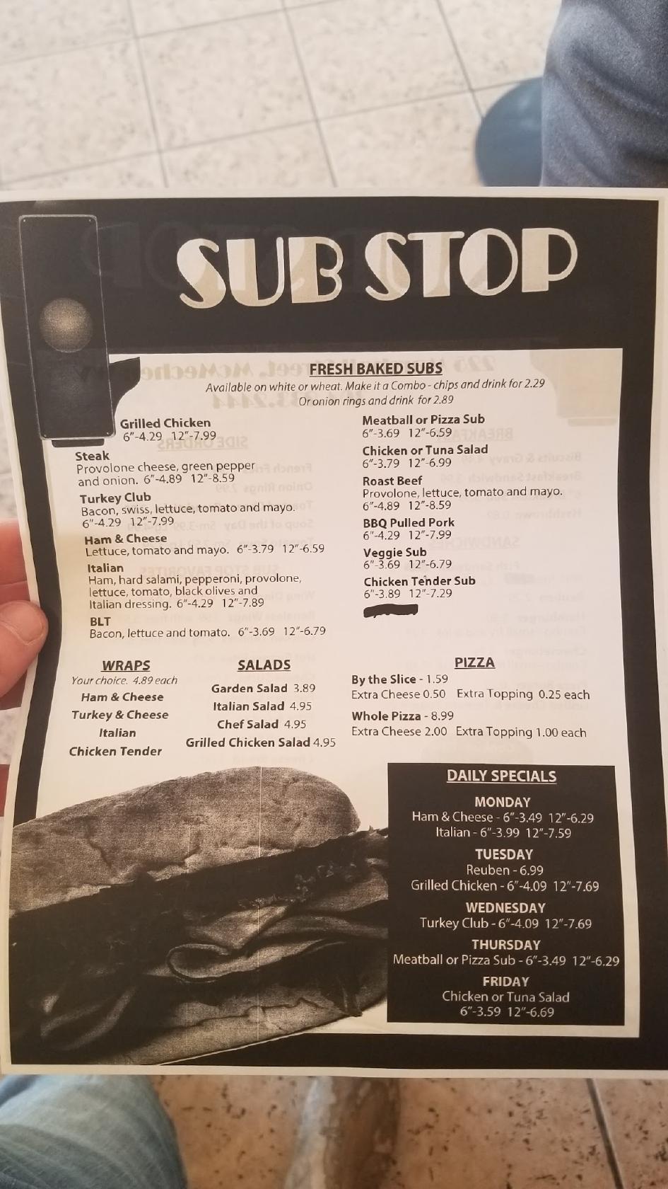 Menu at Sub Stop fast food, McMechen