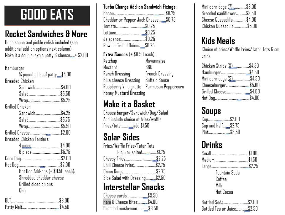 Menu at Little Dipper, Parkers Prairie