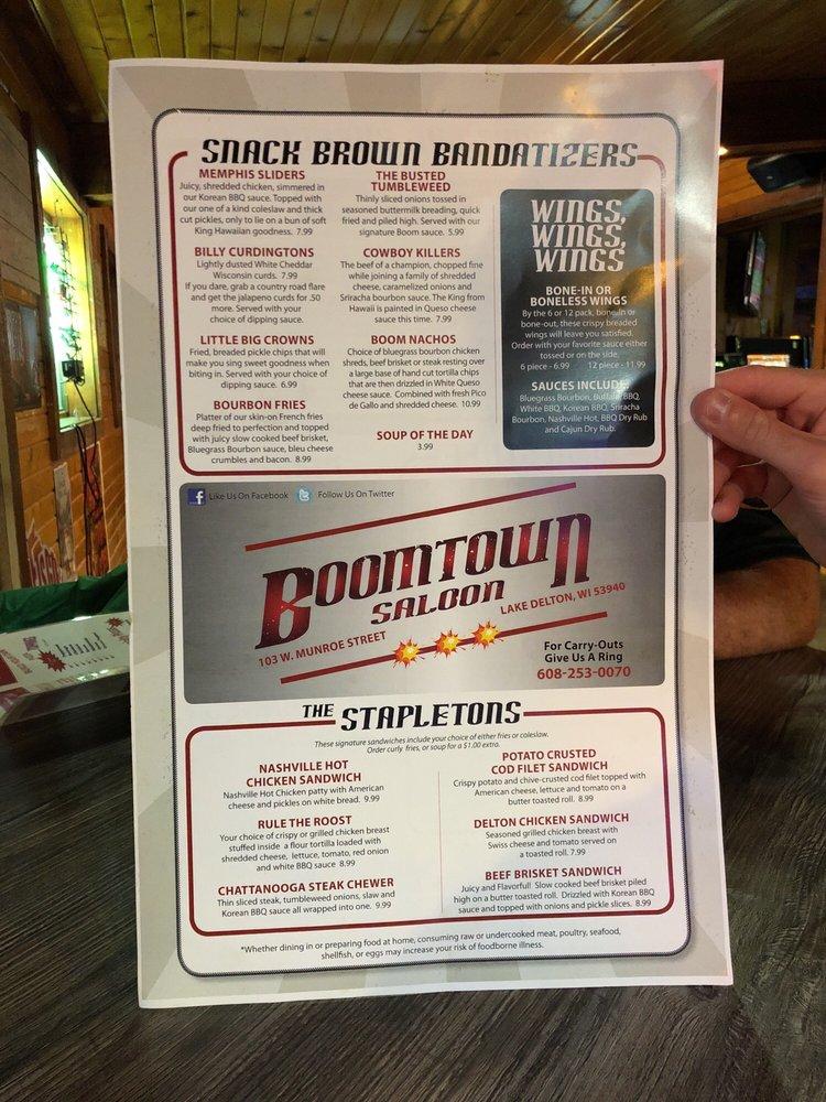 Menu at Boomtown Saloon Country Bar, Lake Delton