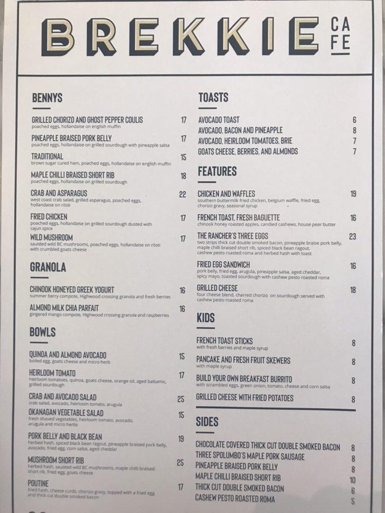 Menu at Brekkie restaurant, Calgary