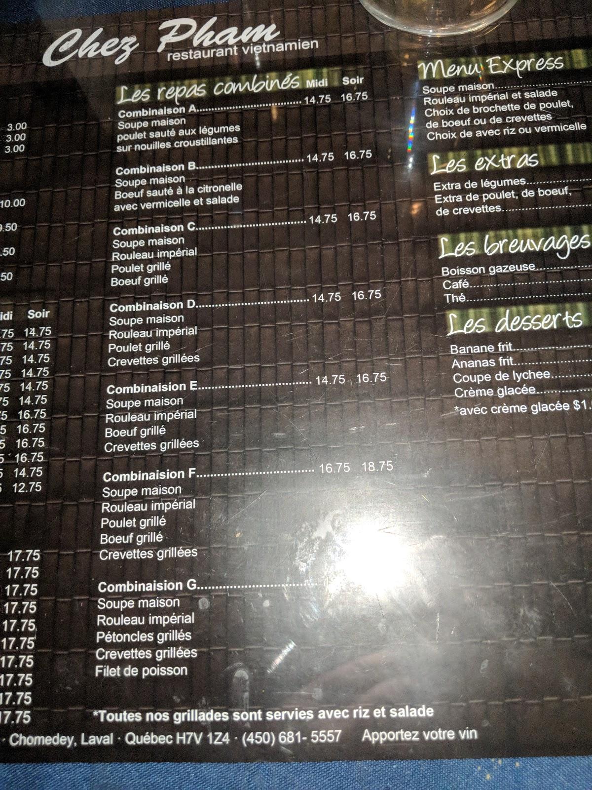 Menu au Chez Pham restaurant, Laval