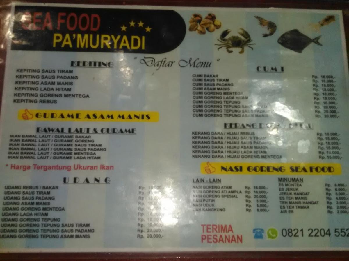 Menu at Darurat Seafood Pak Muryadi restaurant, South Jakarta