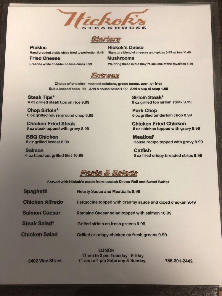 Menu at Hickok's Steakhouse, Hays