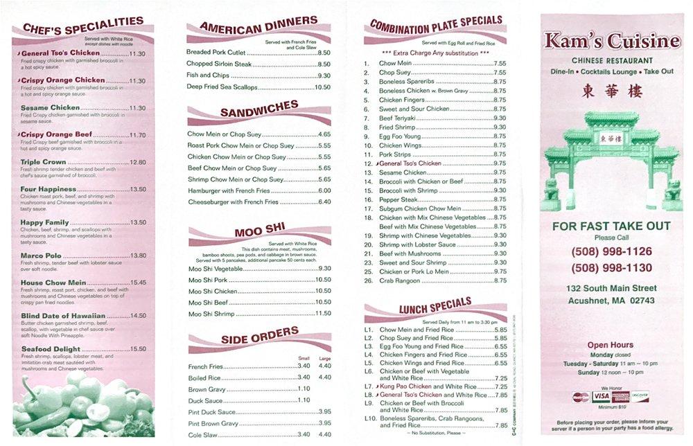 Menu at Kam's Cuisine Chinese Restaurant, Acushnet