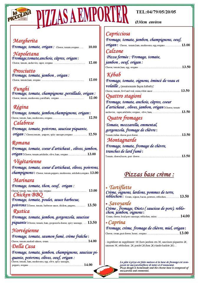 Menu at La Piccolina pizzeria, Modane