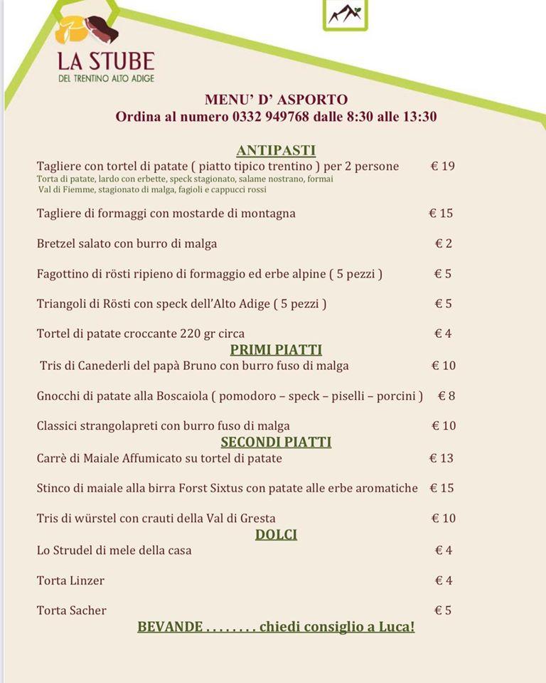 Menu da La Stube del Trentino ristorante, Bodio Lomnago