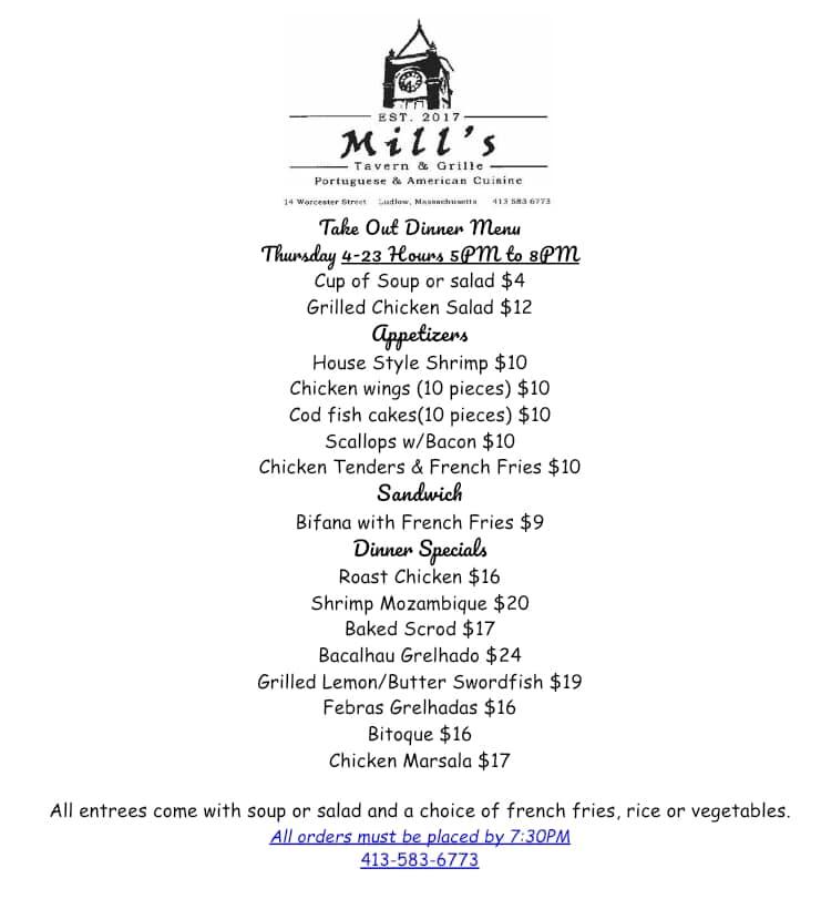 Menu at Mill's Tavern & Grille restaurant, Ludlow