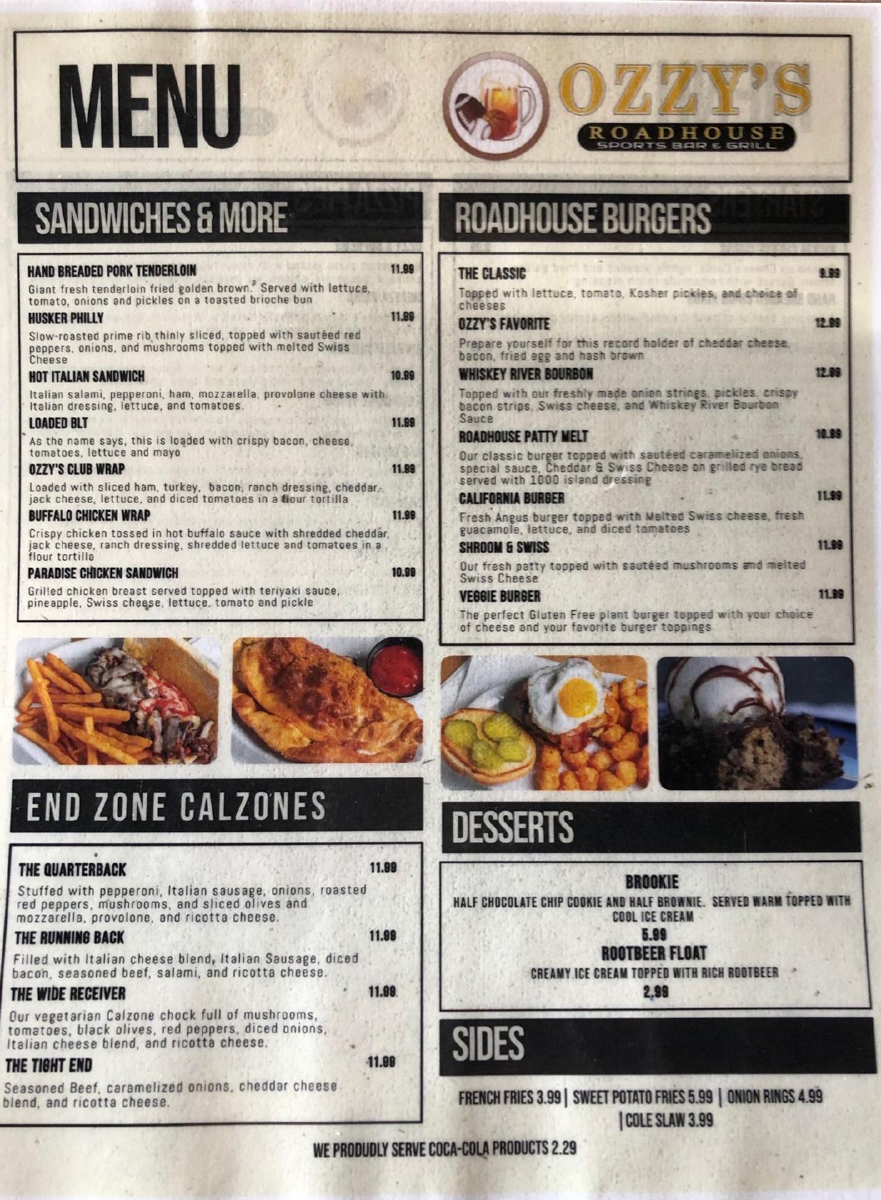 Menu at Ozzy's Roadhouse pub & bar, La Vista
