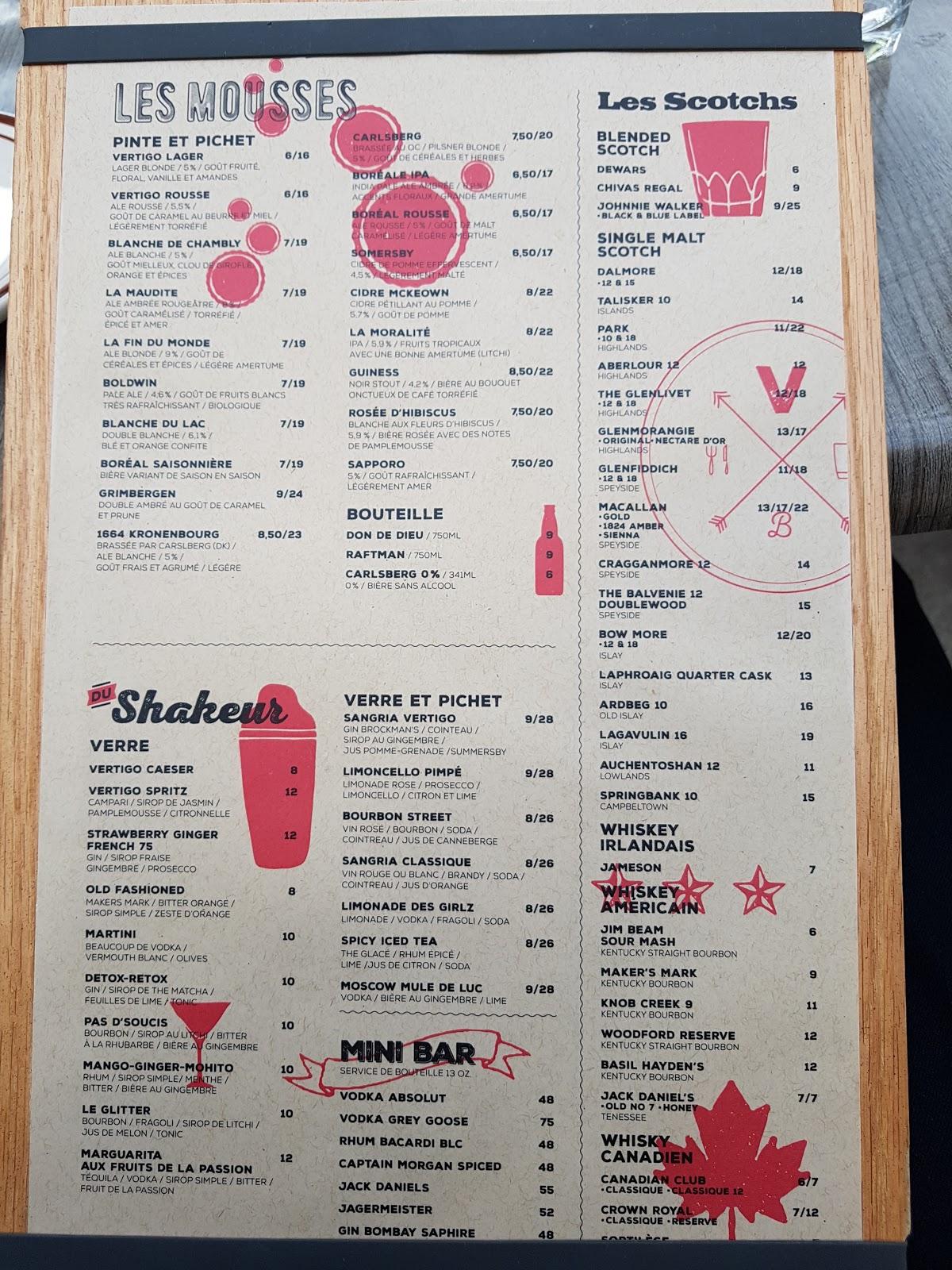 Menu au Vertigo Boisbriand pub et bar, Boisbriand, Av. des Grandes ...