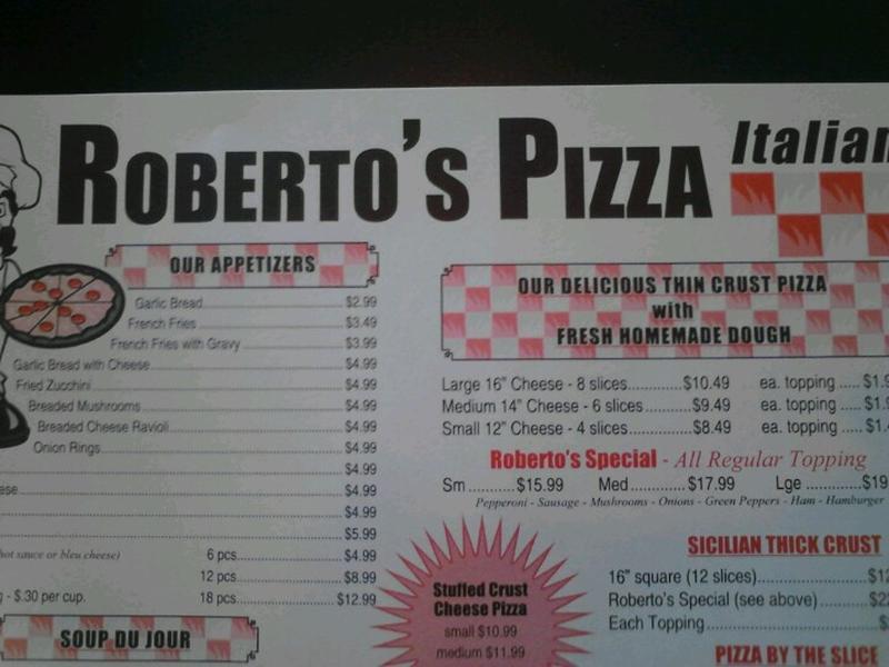Menu at Roberto's Pizza pizzeria, Westminster