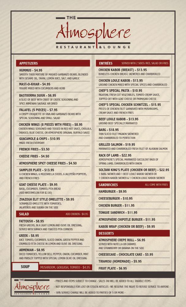 Menu at The Atmosphere Restaurant & Lounge, Glendale, San Fernando Rd
