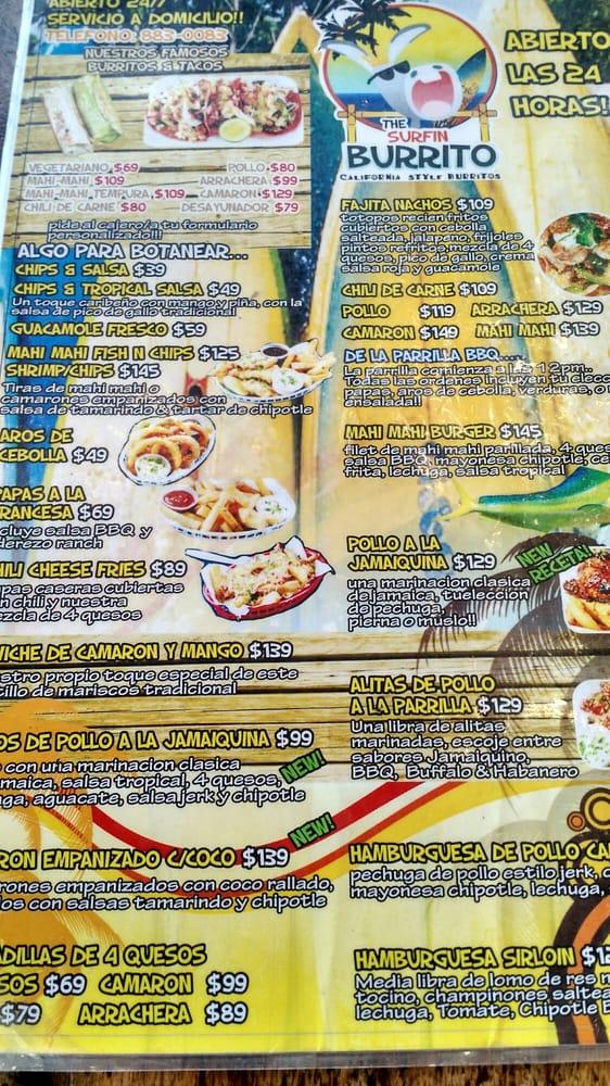 Menu at The Surfin Burrito pub & bar, Cancún, Kukulkan Km. 9.5
