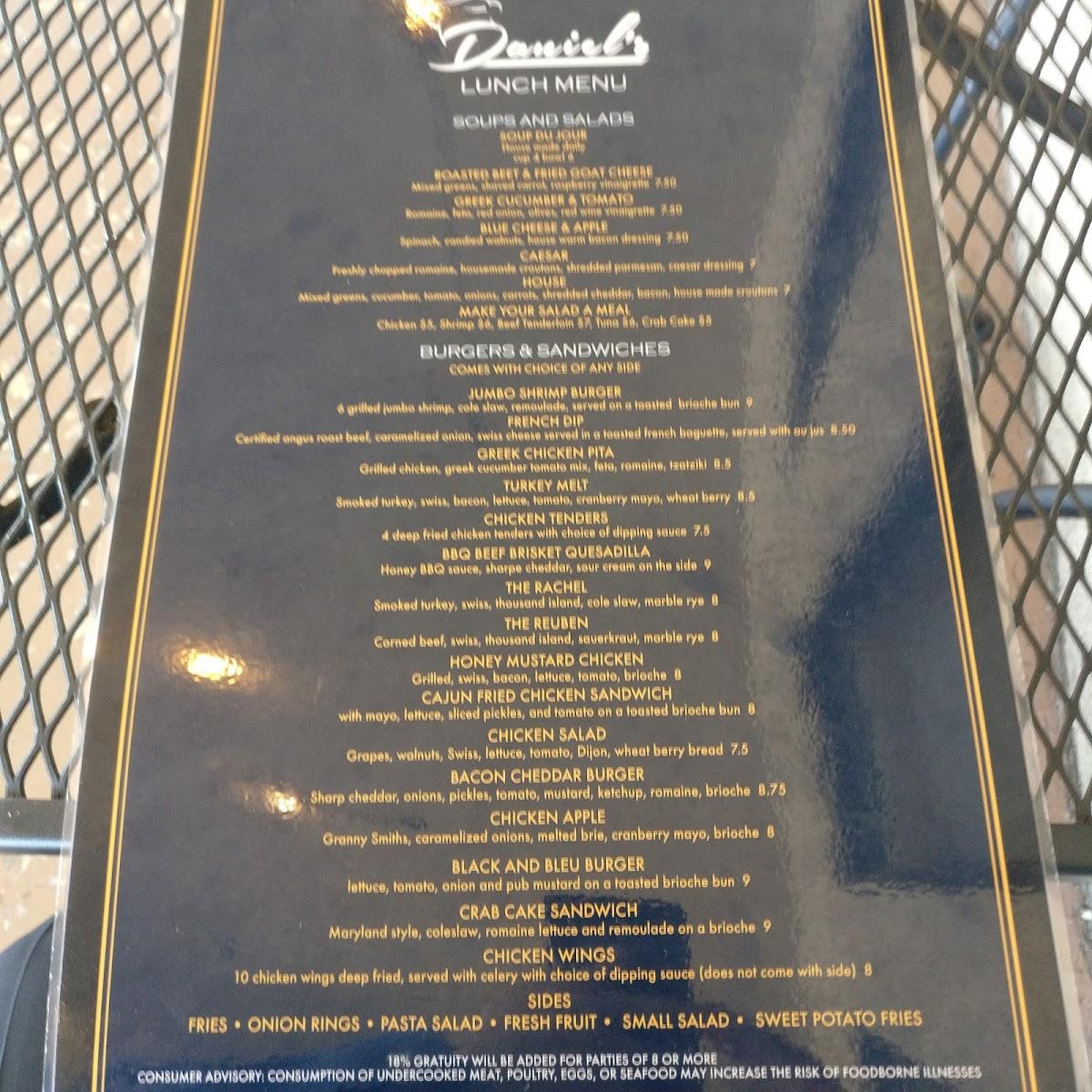 Menu at Daniel's Casual Fine Dining restaurant, Wilson