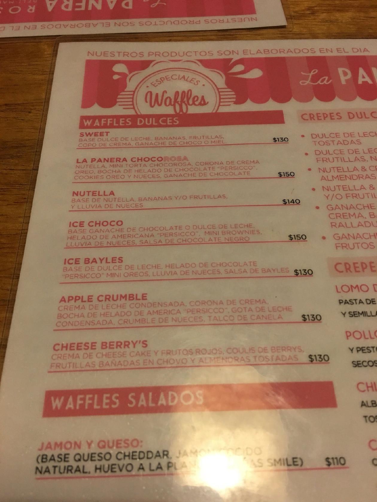 Menu at La Panera Rosa restaurant, Buenos Aires, Costa Rica 4582