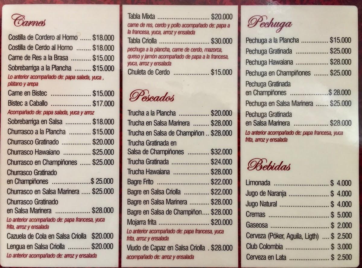 Carta de Restaurante El Laurel, Tunja, Restaurante el laurel