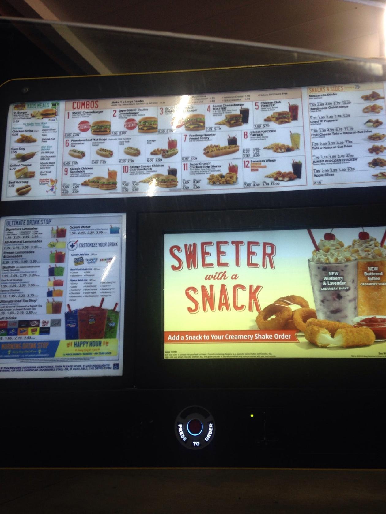 Menu at Sonic Drive-In fast food, Ellisville, 208 US-11