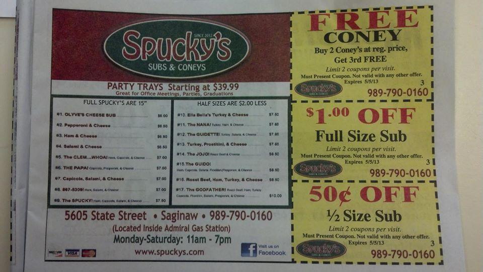 Menu at Spucky's Subs & Coneys cafe, Saginaw