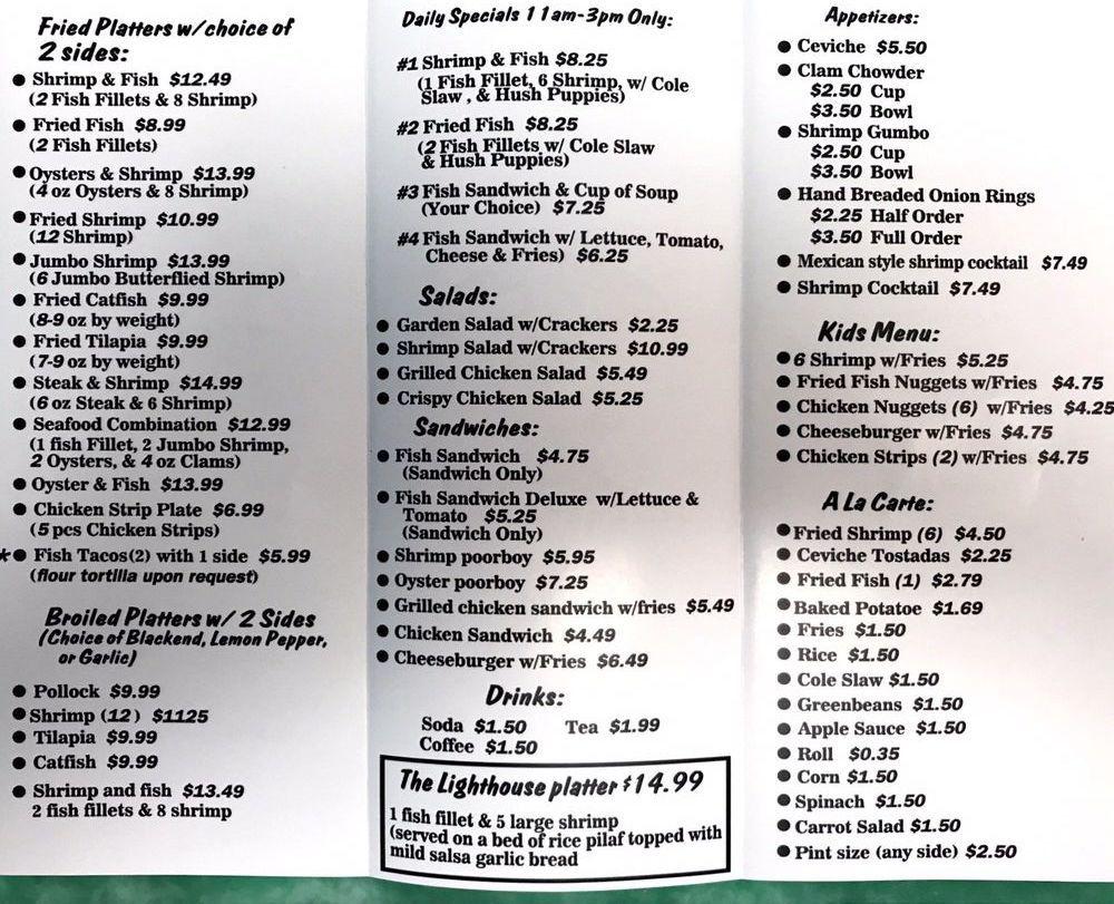 Menu at The Lighthouse Seafood restaurant, San Antonio
