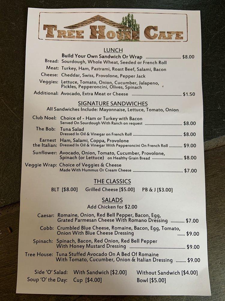 Menu at The Tree House Cafe, Boulder Creek