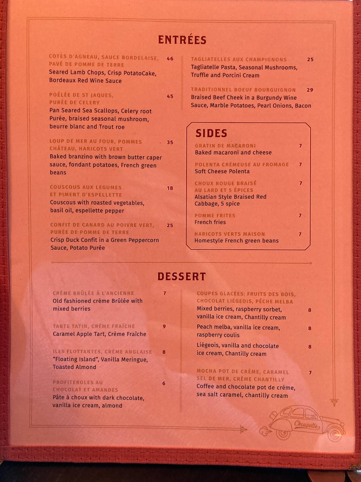 Menu at Brasserie Mon Chou Chou restaurant, San Antonio