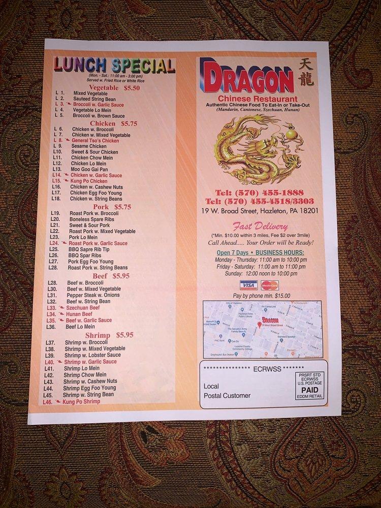 Menu at Dragon Chinese Restaurant, Hazleton