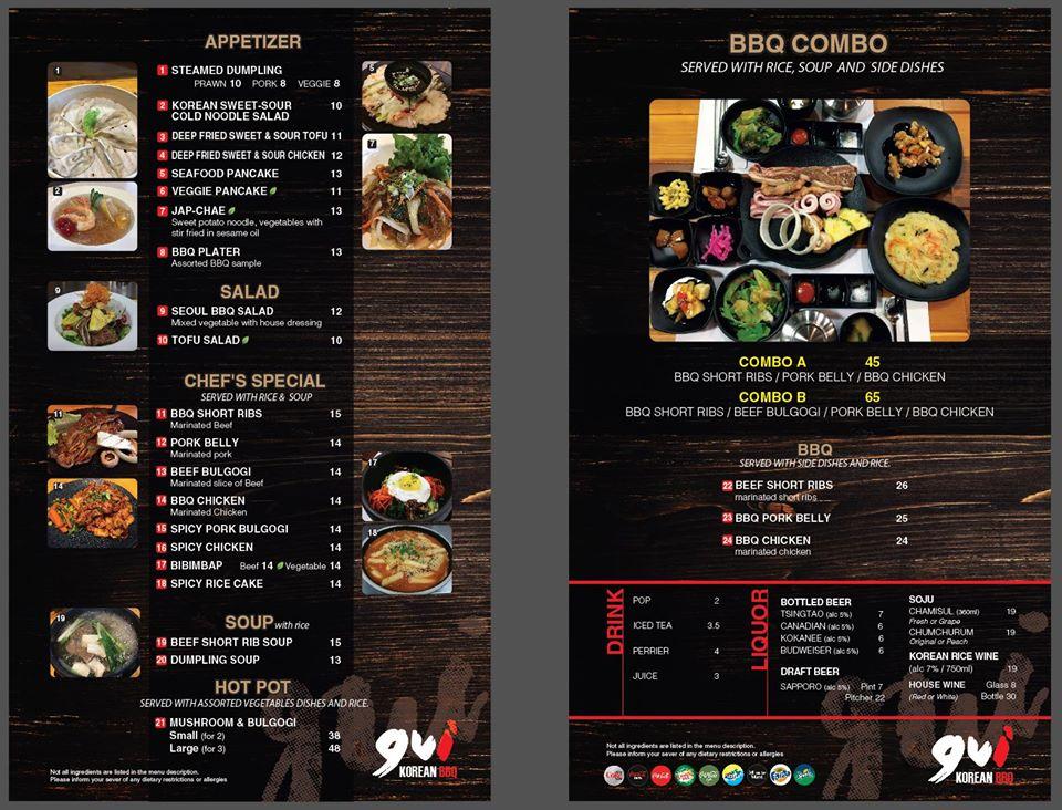 Menu at Korean BBQ Gui, Kamloops