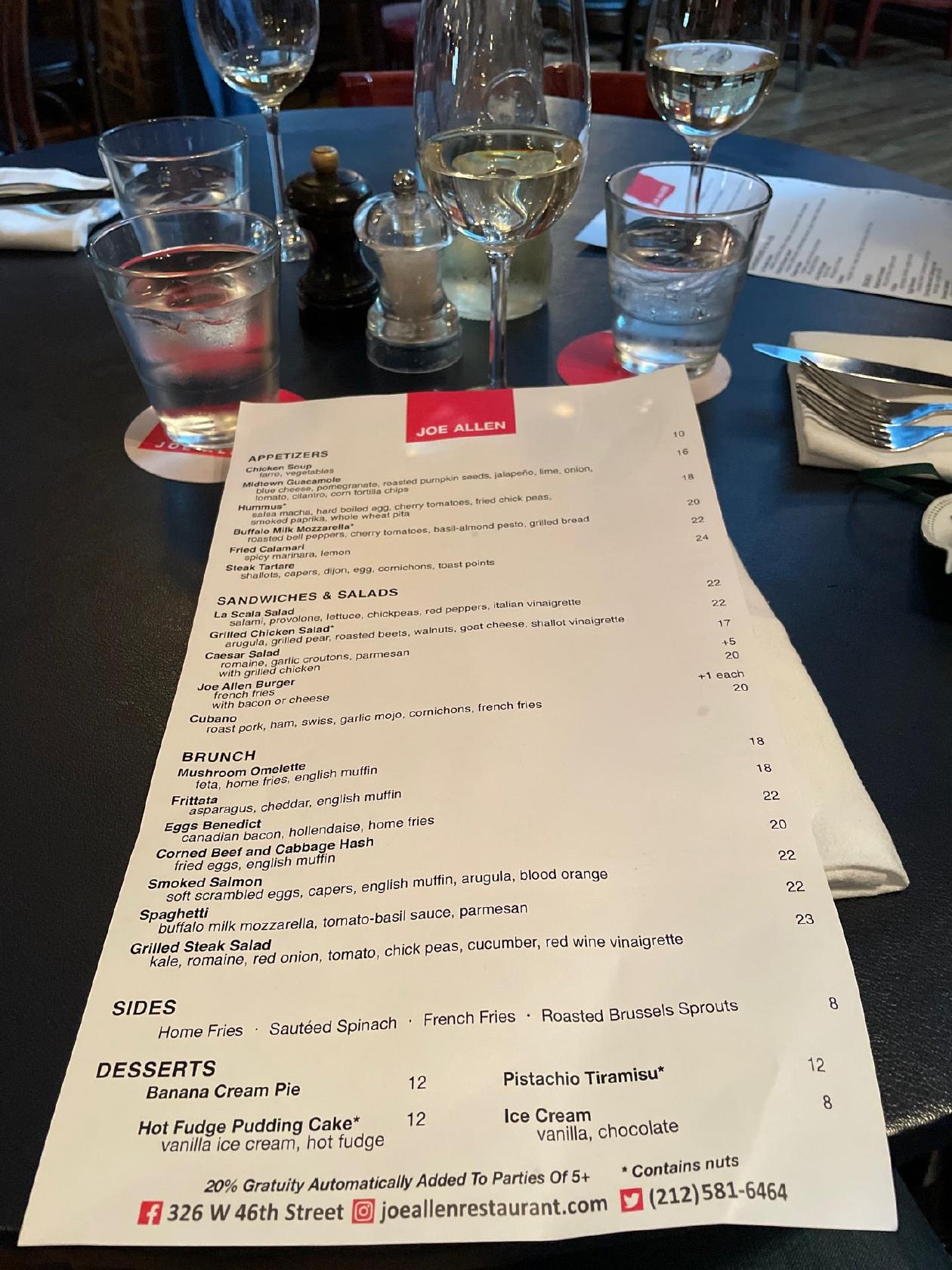 Menu at Joe Allen pub & bar, West New York