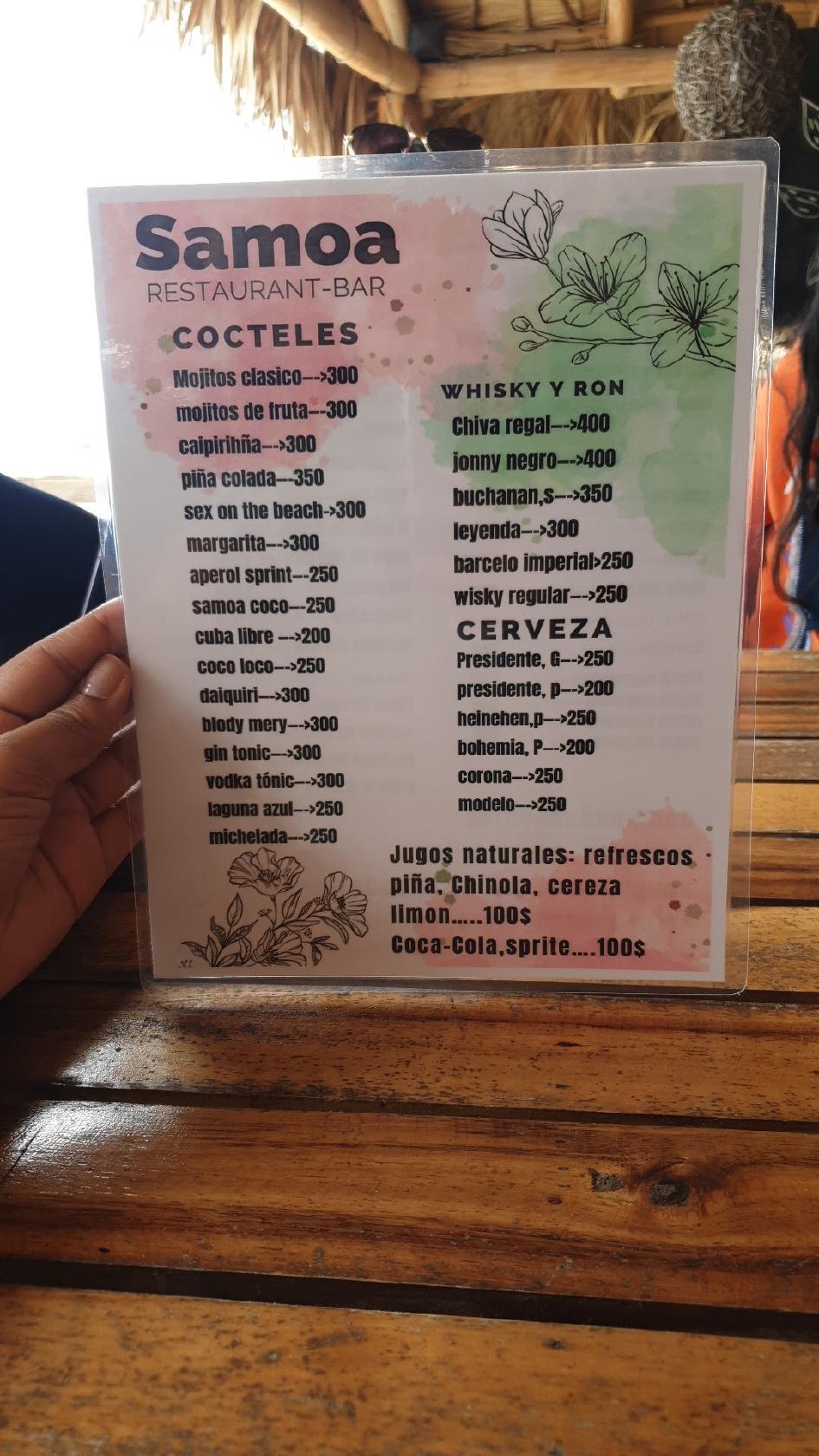 Menu at LA SAMOA pub & bar, Las Terrenas