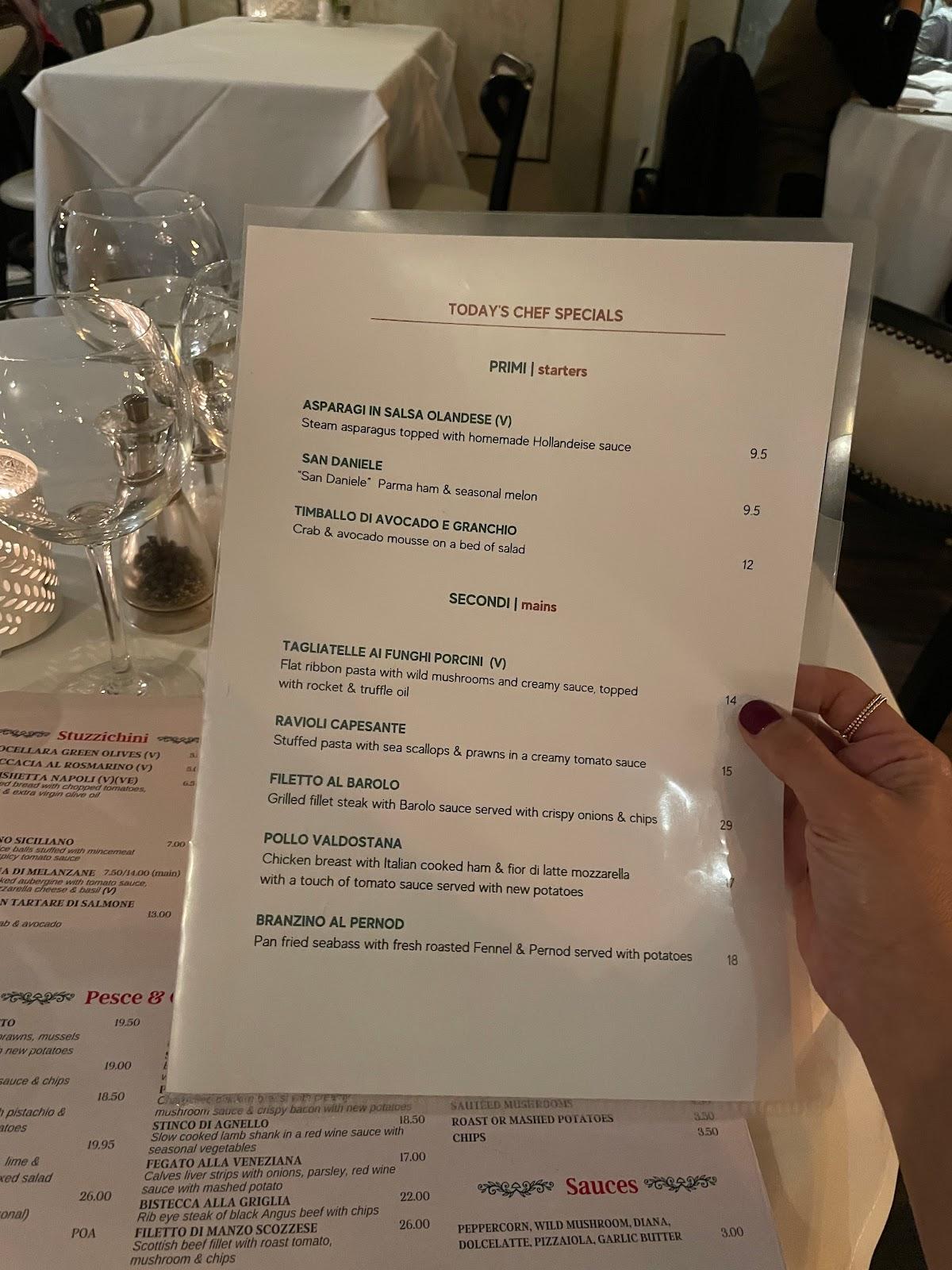 Menu at La Meridiana restaurant, East Horsley