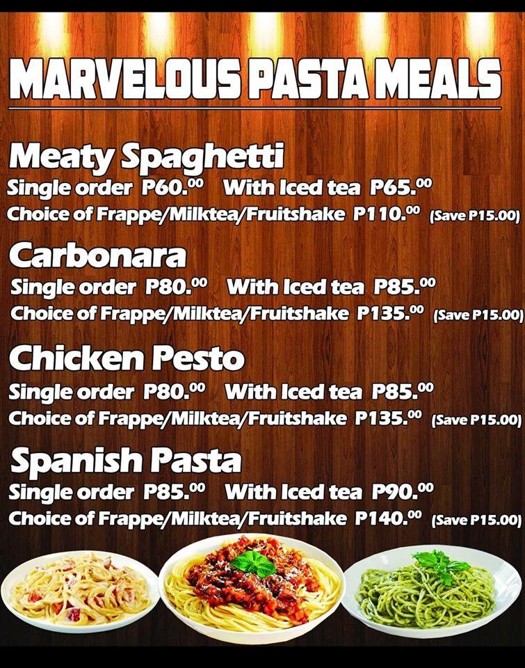 Menu at Marvelous Cafe, Valenzuela